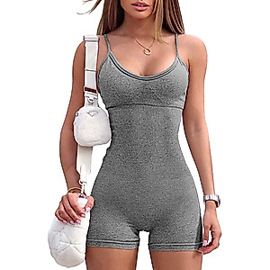 OQQ Women's Yoga Sexy One Piece Spaghetti Strap Tummy Control Padded Sports JumpSuit Bra Romper, Grey, Small