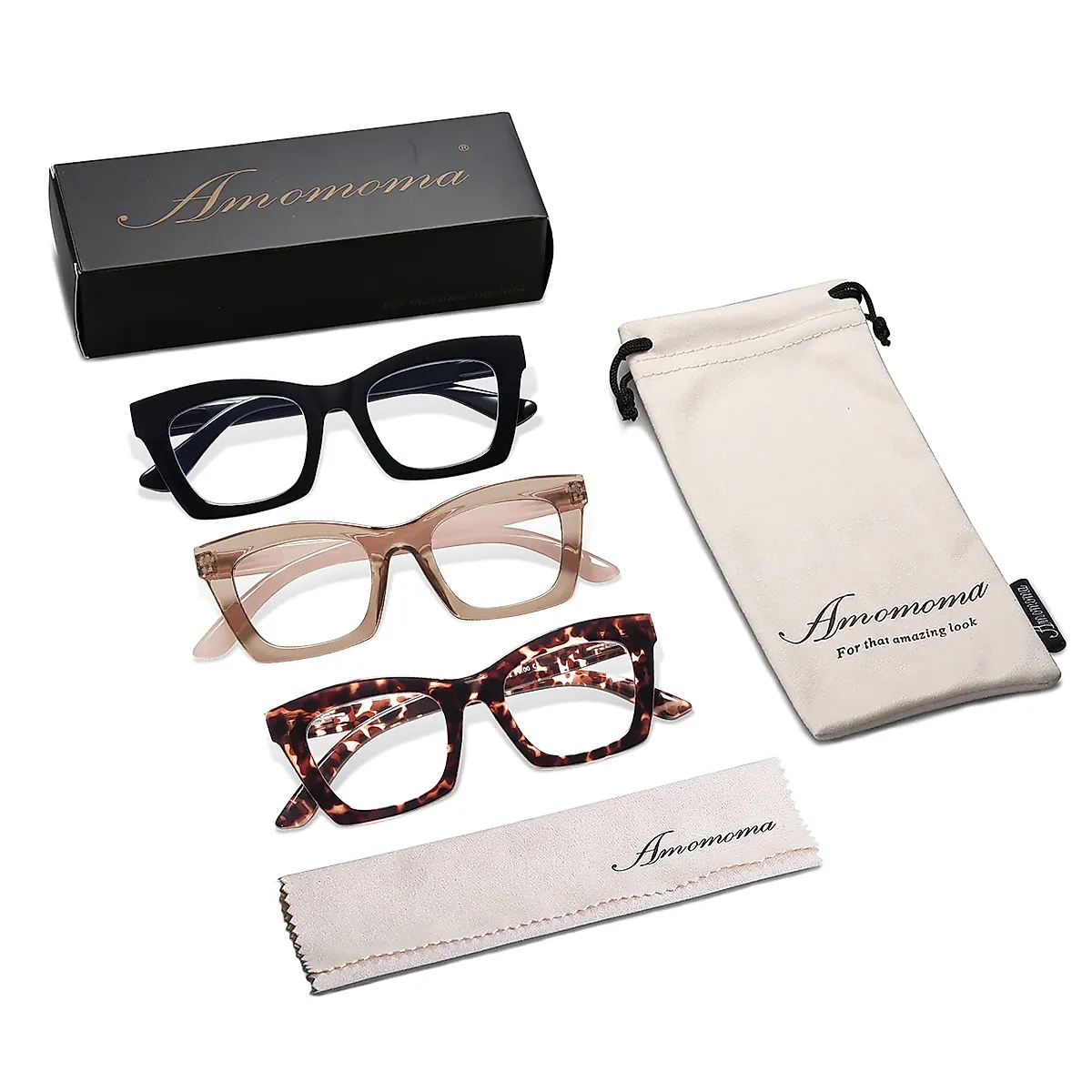 AMOMOMA 3 Pack Trendy Oversized Blue Light Stylish Readers for Women,Retro Square Cute Sturdy Computer Womens Reading Glasses AM6042 Black+Brown+Purple Tortoise 1.5