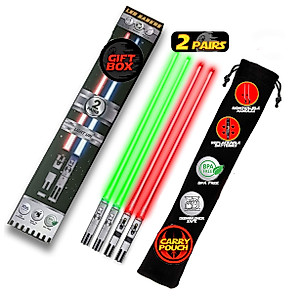 Lightsaber Chopsticks Light Up - LED Glowing Light Saber Chop Sticks - Reusable Sushi Lightup Sabers Chopstick Set Of 2 Pairs - Green & Red