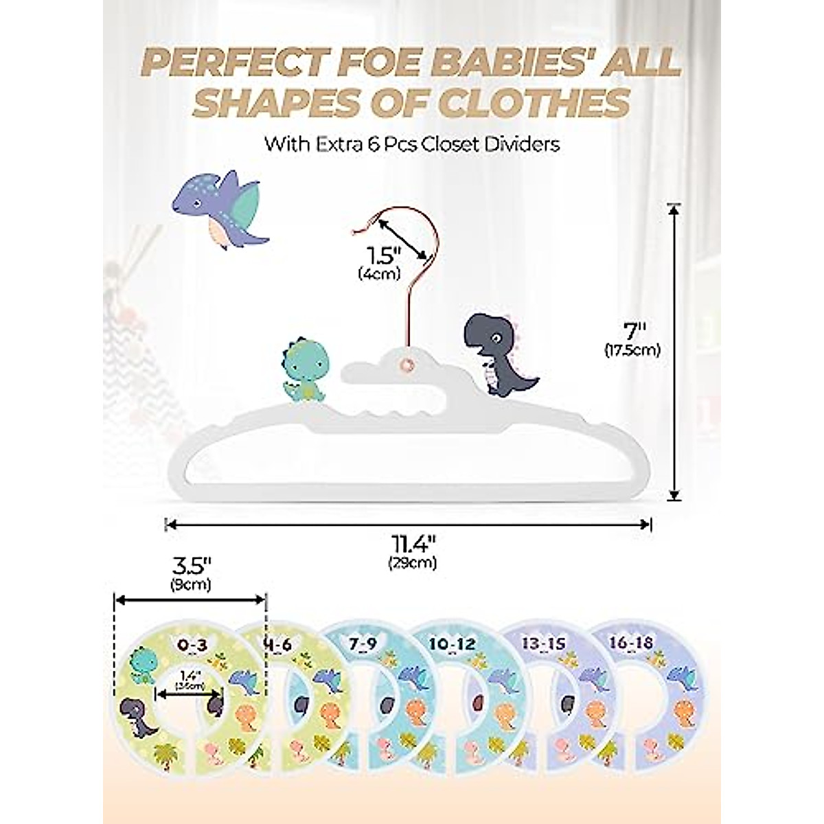 HOUSE DAY Premium Baby Hangers Velvet 60 Pack, Dino 11.4'' Baby Clothes Hangers for Kids +6 Pcs Dividers, Sturdy Children Felt Non Slip Hanger for Nursery on Baby Boys & Girls Closet Organizer - White