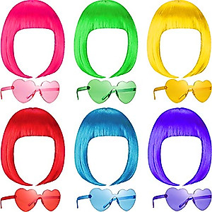12 Pcs Party Wigs and Sunglass, Neon Short Bob Hair Colorful Bachelorette Cosplay Wig Heart Sunglasses for Party Favors
