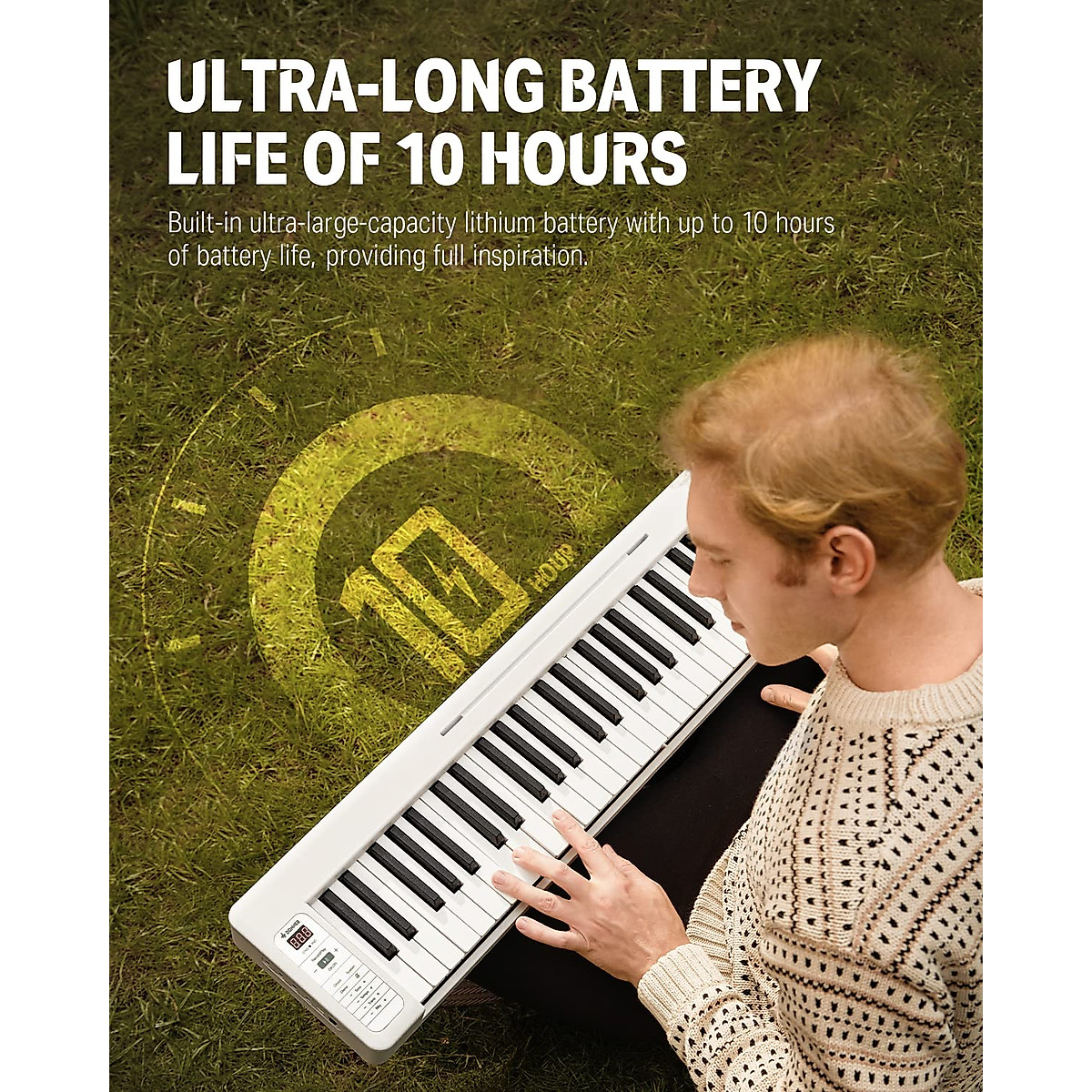 Donner 61-Key Folding Bluetooth Keyboard Piano for Beginners, Portable Piano Keyboard with Music Rest, Bag, Pedal, and App - White