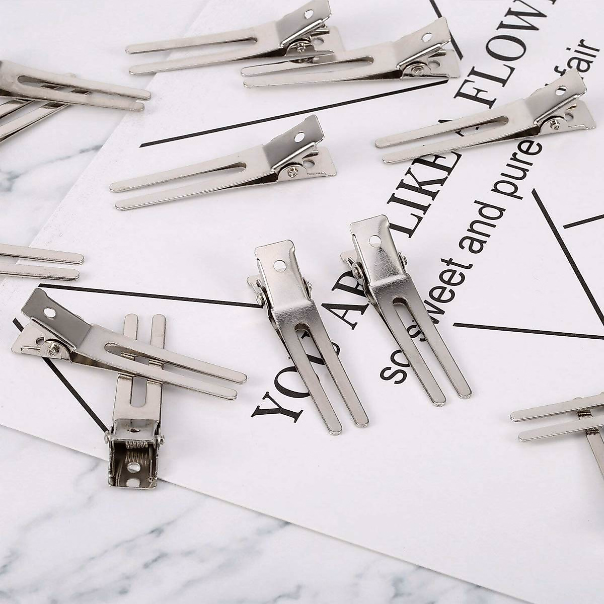 Twdrer 100PCS Hairdressing Double Prong Pin Curl Clips, Setting Section Clips for Hair Bows, Extensions, Salon, Barber, Stylist (1.8", Silver)