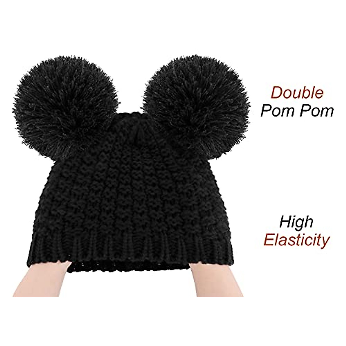 Livingston Women Beanie Hat Cable Knit Double Pompom Ears Winter Hat Cute Beanie for Women Knit Pom Beanie for Winter, Black Beanie