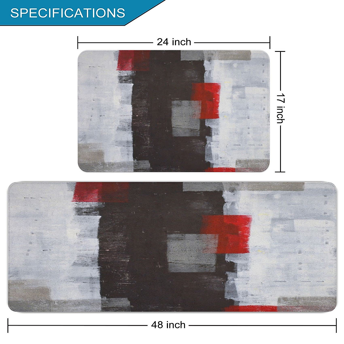 RYANZA 2 Pieces Kitchen Rugs, Abstract Anti Fatigue Non Slip Foam Cushioned Red and Grey Art Painting Comfort Indoor Floor Mat Runner Rug Set for Laundry Office Sink Bathroom (17"x48"+17"x24")