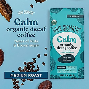 Four Sigmatic Calm Organic Decaf Ground Coffee | Swiss Water Decaf Coffee Ground | Decaffeinated Coffee with Chaga & Reishi Mushroom Extracts | Decaf Coffee for Stress Relief | 12oz Bag