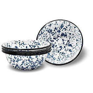 Red Co. Set of 4 Enamelware Metal Classic 20 oz Round Cereal Bowl, Navy Blue Marble/Black Rim - Splatter Design