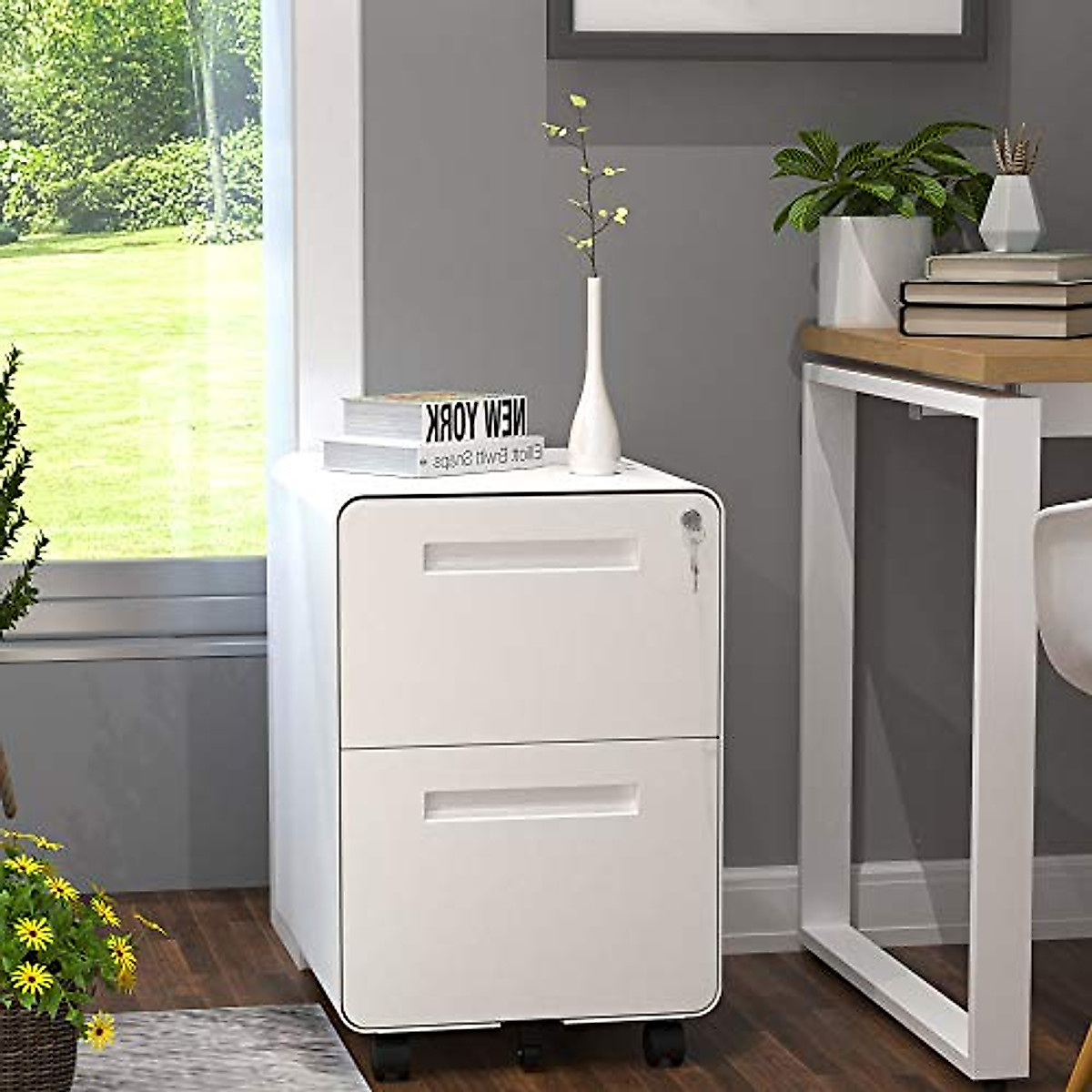 YITAHOME 2 Drawer Rolling File Cabinet, Metal Mobile Filing Cabinet with Lock Under Desk, Anti-Tilt File Cabinet for Legal/Letter Files in Commercial Office Home, White