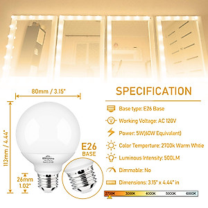 winshine G25 LED Globe Light Bulbs for Bathroom, 60 watt Equivalent Vanity Light Bulbs E26 Base 2700K Warm White CRI85+ Ideal for Makeup Mirror, Bathroom, Bedroom,Dressing Room NO-Dimmable 4 Pack