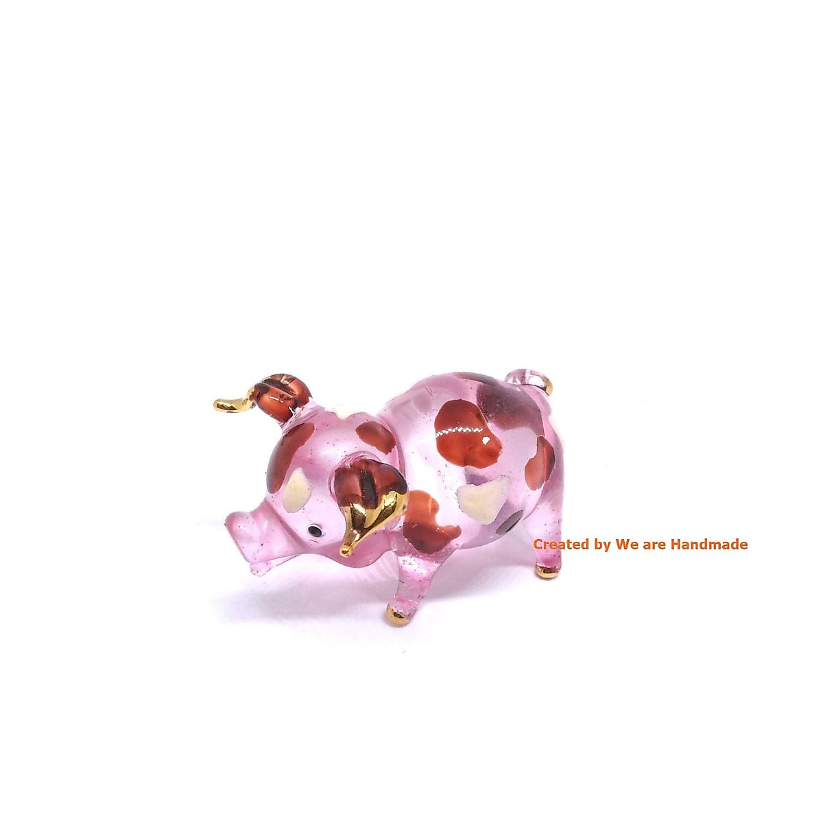 Handmade Mini 2" Blown Glass Pig Figurine, Pink with 22K Gold Accents, Gift Ideas, Fantasy Cool Stuff Decor No.2