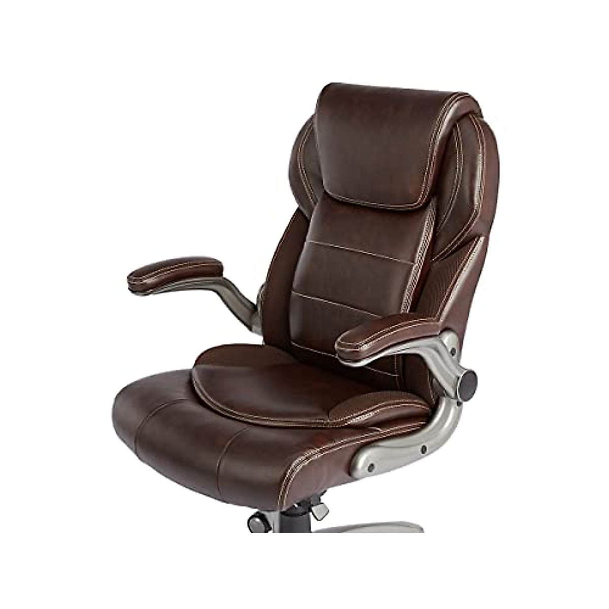 AmazonCommercial Ergonomic High-Back Bonded Leather Executive Chair with Flip-Up Arms and Lumbar Support, Brown