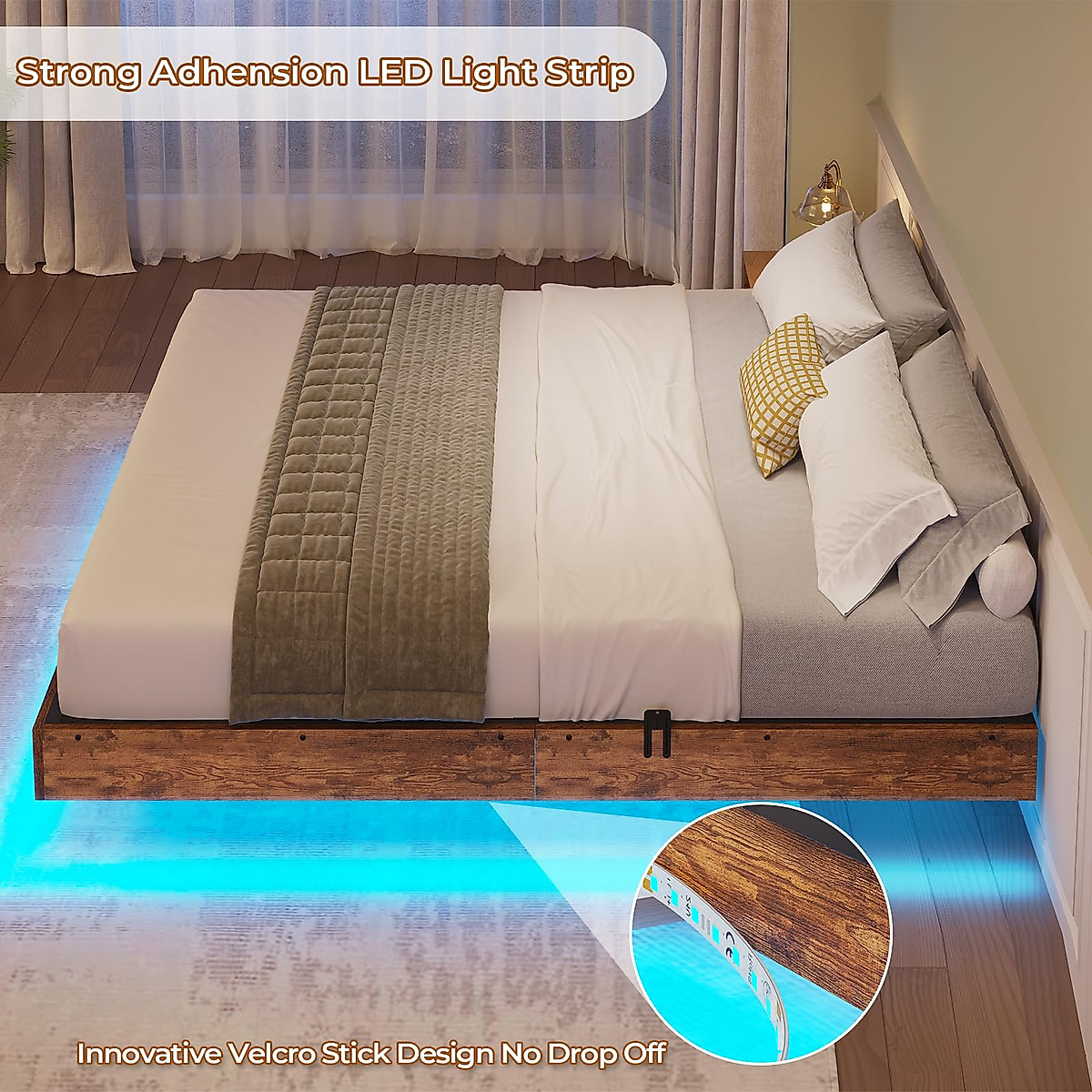 BTHFST Floating Bed Frame Full Size with LED Lights, Industrial Wooden Metal Full Platform Bed, Solid and Stable, Noise Free, No Box Spring Needed, Easy Assembly