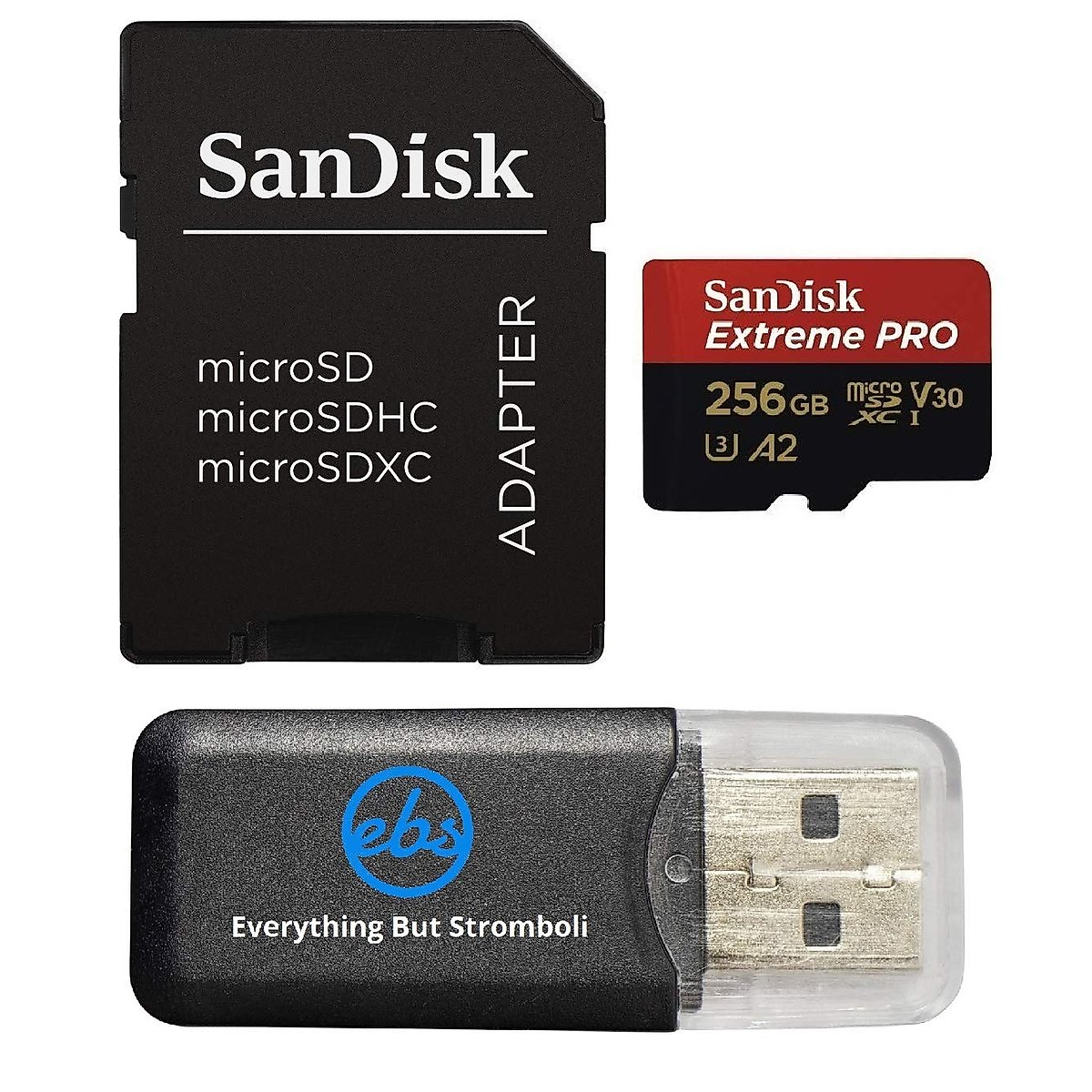 SanDisk 256GB Micro SDXC Memory Card Extreme Pro Works with Insta360 One X, Insta360 EVO Action Camera U3 V30 4K A2 Class 10 (SDSQXCZ-256G-GN6MA) Bundle with (1) Everything But Stromboli Card Reader