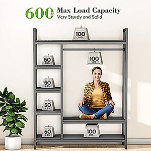 HOKEEPER 600lbs Capacity Free Standing Closet Organizer with 6 Metal Shelves Heavy Duty Clothing Rack for Hanging Clothes Sturdy Storage Wardrobe Closet Garment Rack for Bedroom
