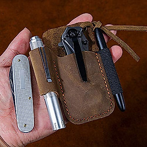 EASYANT Handmade Leather Sheath for Folding Knife Flashlight Organizer EDC Tools Brown