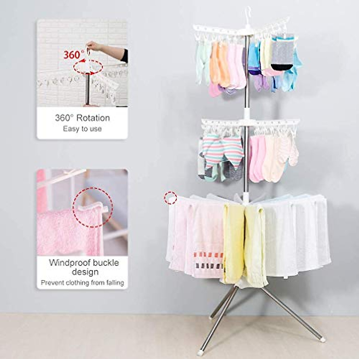 GOTOTOP Tripod Clothes Drying Rack, Collapsible Portable Tripod Clothes Drying Rack Simple Indoor Outdoor with 4 arms for Laundry Hanging Towels Baby Clothes Socks Underwear(Ivory White)