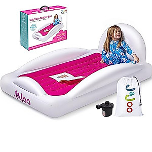 J&JOO Inflatable Toddler Travel Bed with Safety Bumpers & Backrest, Portable Kids Air Mattress for Travel, Camping or Hotels, Includes High Speed Pump, Pink, (Pink)
