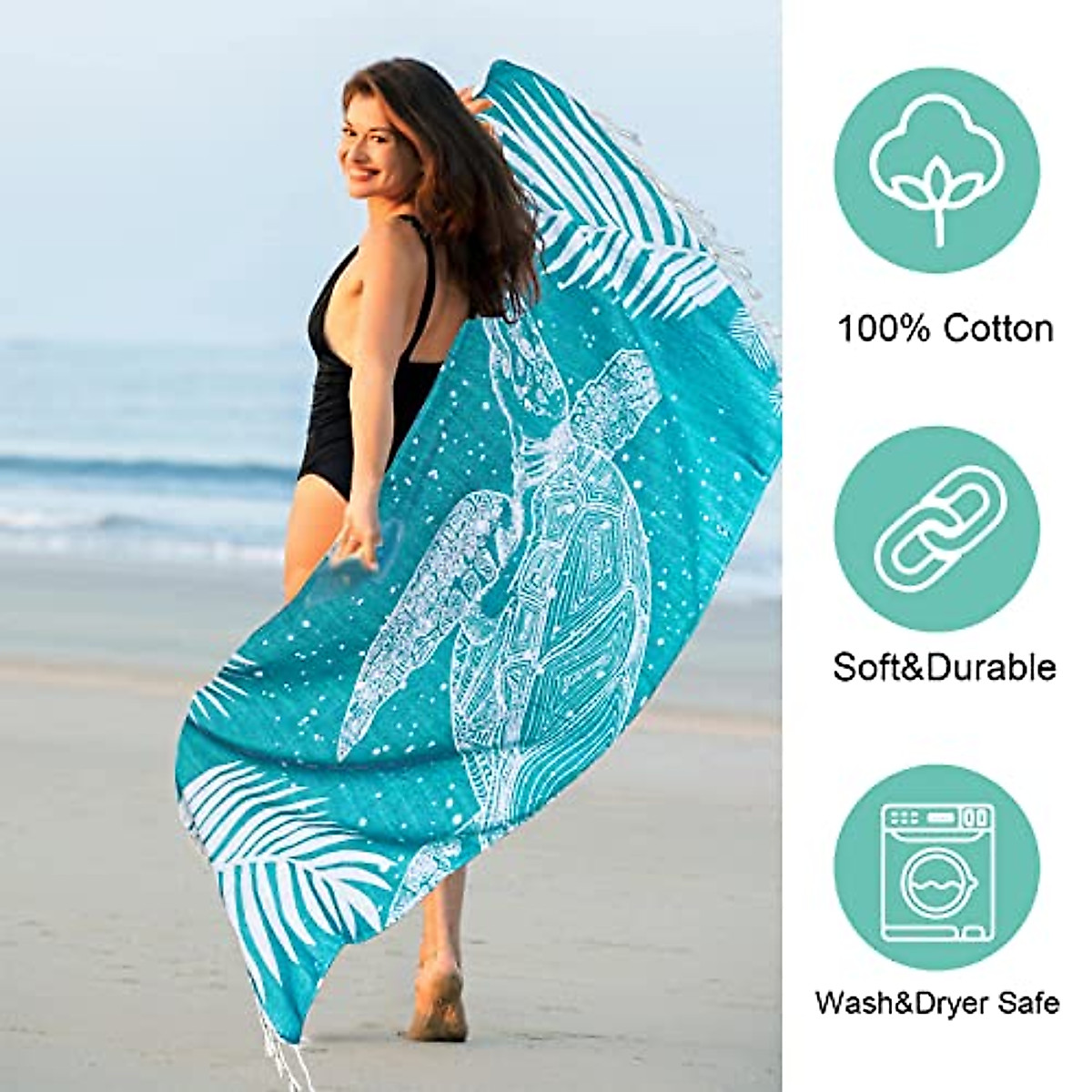 ORTIGIA Turtle Turkish Beach Towel Oversized 36x71INCH Sand Free Quick Dry Towel Extra Large Wearable Bath Towel Highly Absorbent Light Travel Towel for Beach, Bath, Pool, Gym, Yoga(Teal)