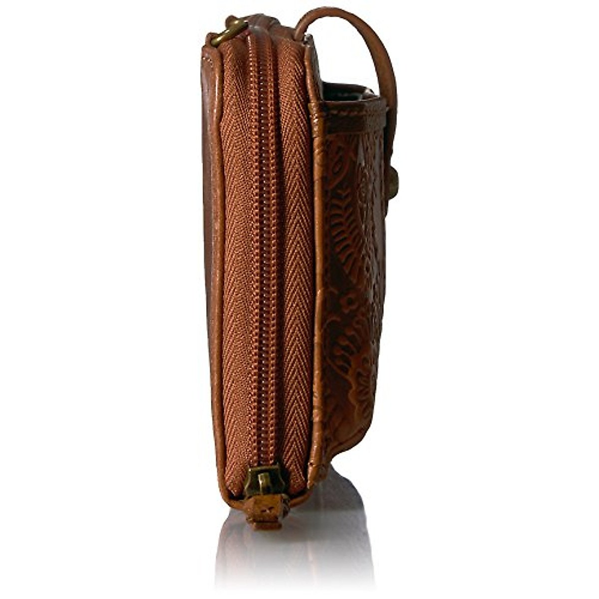 The Sak Iris Large Smartphone Crossbody Bag in Leather, Convertible Wristlet Purse Design, Tobacco Floral Embossed