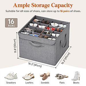 Lifewit Shoe Organizer for Closet, Adjustable Dividers Shoe Storage Fits 16 Pairs, Clear Cover Shoe Box Fits for Boots Heels Sneakers, Foldable Storage Bins with Bottom Support, Light Gray, 2 Pack