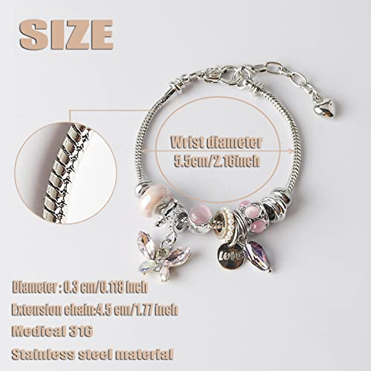 DS Charm Bracelets for girls,exquisite cute cartoon friendship bracelets Stainless Steel Bangle with birthday Gift box, Adjustable girls jewelry Suitable for holiday gifts (Pink Butterfly)