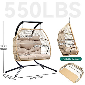 YITAHOME Hanging Egg Swing Chair with Stand Egg Chair Wicker Indoor Outdoor Hammock Egg Chair with Cushions 550lbs for Patio, Bedroom, Garden and Balcony, Khaki(Stand Included)