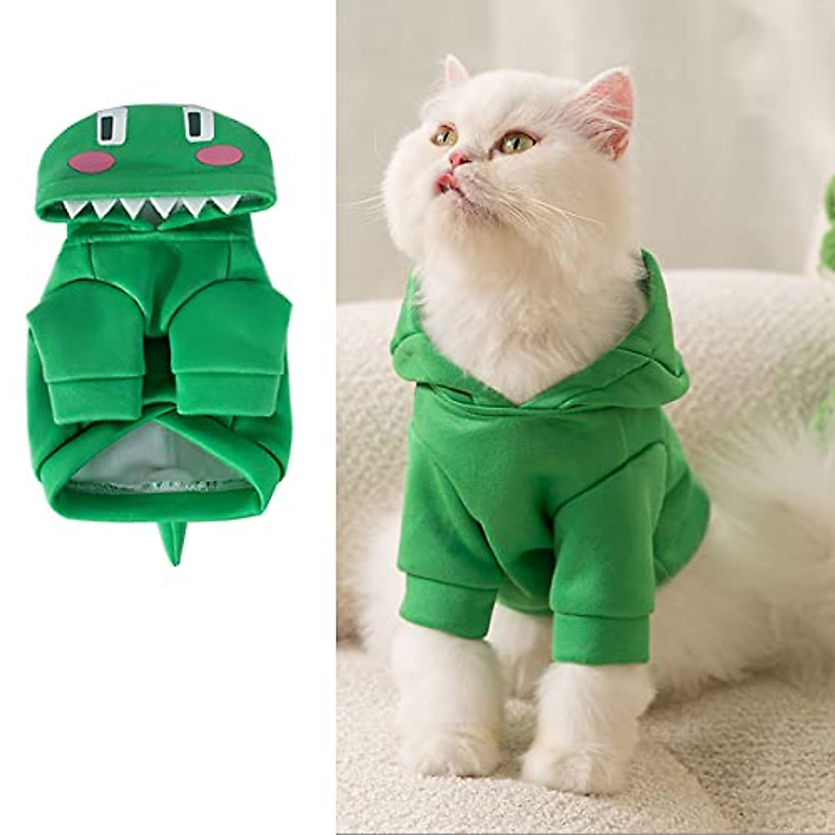 MQQYLBHDS Cartoon Dino Dog Hoodies Halloween Cat Costume Pet Dinosaur Cosplay Green Puppy Hooded Coat Doggy Warm Clothes with Hat Winter Sweatshirt for Cats and Small Medium Dogs (A, Small)