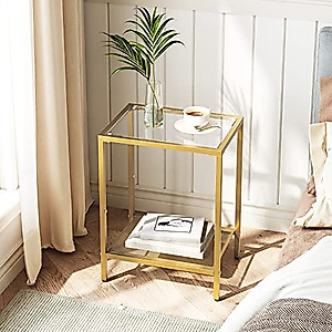 MAHANCRIS End Table, 2-Tier Beside Table with Mesh Shelf, Sofa Side Table with Tempered Glass Top, TV Tray Table for Small Space, Snack Side Table, Nightstand for Bedroom, Living Room, Gold ETJ24B01
