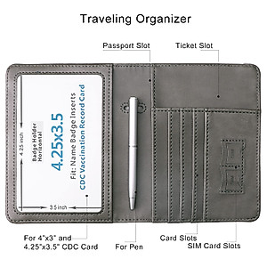 WALNEW Passport Holder Wallet, RFID Blocking Passport Cover Case PU leather Card Holder with Pen and Clear Card Slot for Women Men, Gray