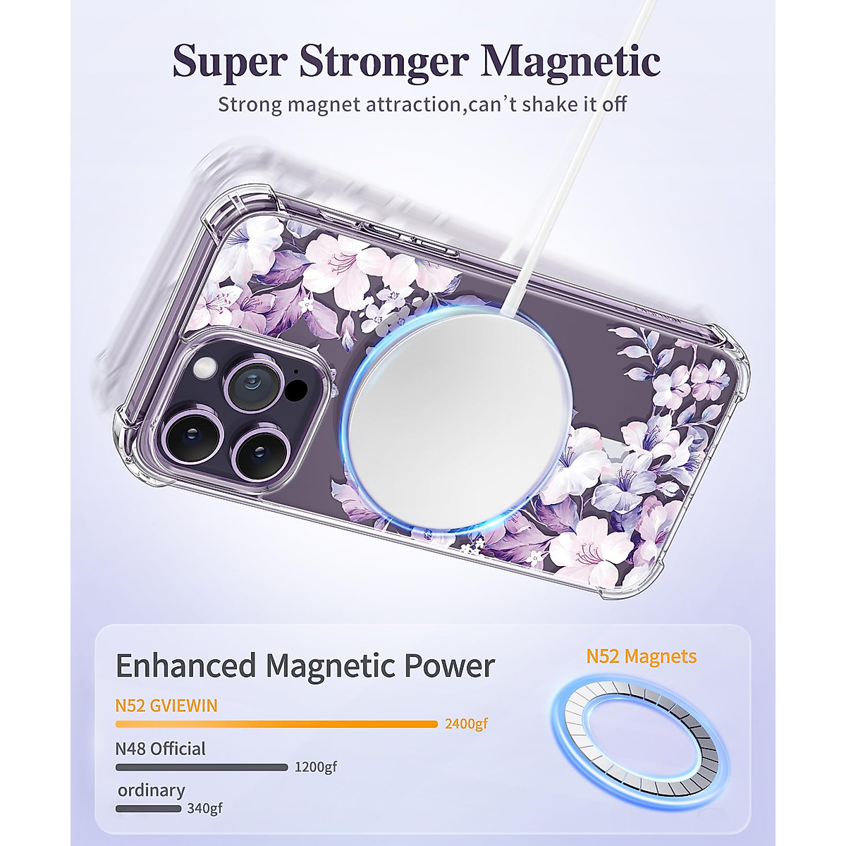 GVIEWIN for iPhone 14 Pro Max Case Compatible with MagSafe, [Screen Protector + Camera Lens Protector][MIL-Grade Protection] Magnetic Floral Clear Shockproof Women for 14 Pro Max Phone Case(Foliolosa)