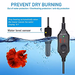 YukiHalu Submersible Aquarium Heater 100/150/200/300W, Small Size, Overheating Protection, External Temperature Controller, LED Display, Used for 20/30/40/60 Gallons (100Watts)