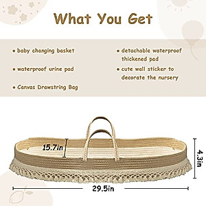 YOMECHEO Baby Changing Basket, Diaper Changing Basket for Baby, Boho Nursery Decor Changing Table Baskets for Dresser with Extra Foam Cushion, Waterproof Changing Mat, Storage Bag & Adorable Stickers