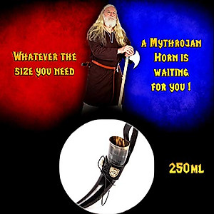Mythrojan THE LION ALWAYS PAYS ITS DEBTS - Viking Drinking Horn with Black Leather holder Authentic Medieval Inspired Viking Wine/Mead Mug – Polished Finish