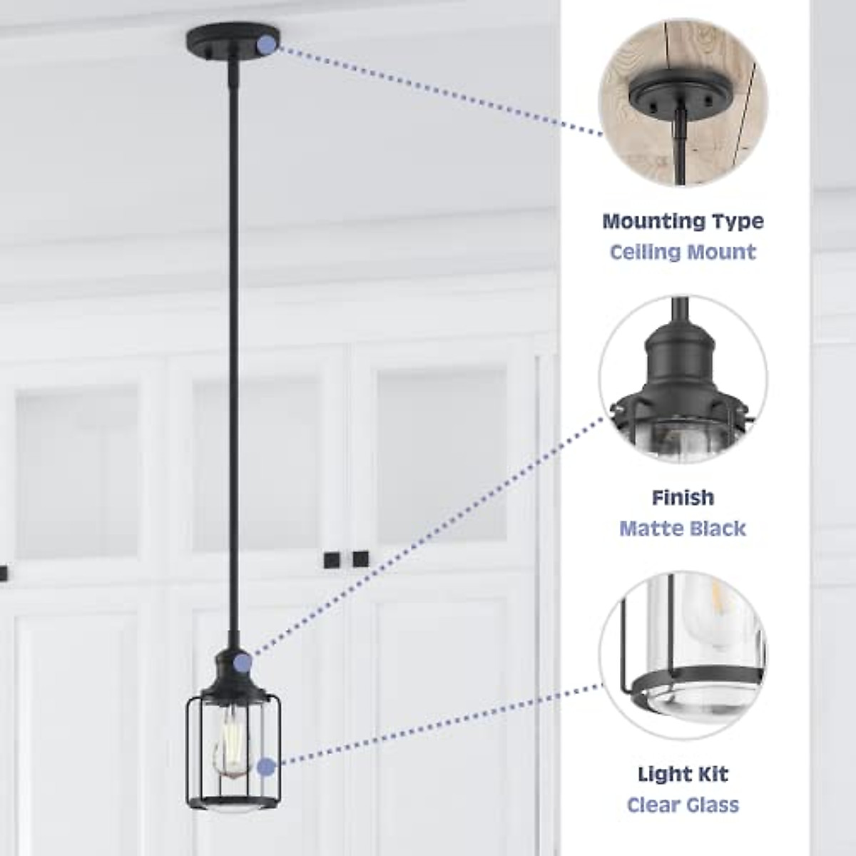 Prominence Home Lincoln Woods 1 Light Matte Black Industrial Pendant Light with Cage and Clear Glass