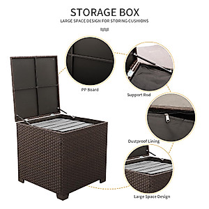 Outdoor PE Wicker Patio Furniture Set 4 Piece Dark Brown Rattan Sectional Loveseat Couch Set Conversation Sofa with Storage Box Glass Top Table and Non-Slip Grey Cushion