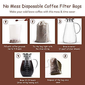 HOMYHEE Cold Brew Coffee Bags 60 Count Disposable Fine Mesh Brewing Bags for Concentrate/Iced Coffee Maker, French/Cold Press Kit, Hot Tea in Mason Jar or Pitcher, 6 x 10 Inches