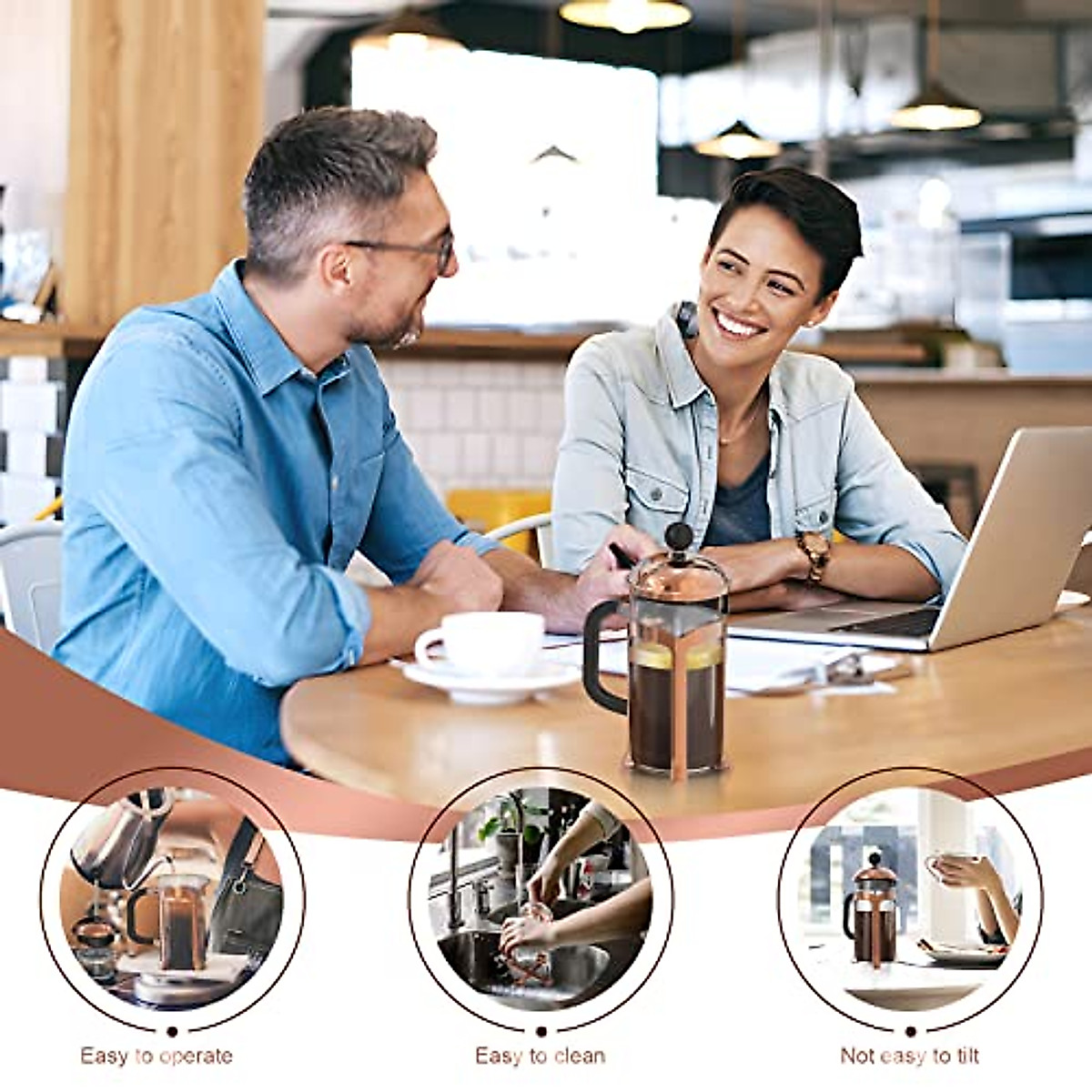 EAXCK French Press Coffee Maker, Stainless Steel Small French Press 12 oz Glass 4 Level Filtration System, Durable Heat Resistant Borosilicate Coffee Presser Single Cup