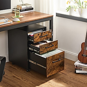 SONGMICS Steel File Cabinet, Fully Assembled Except Wheels, for A4, Legal, Letter Sized Documents, Rustic Brown + Black, 17.7 x 14.4 x 23.2 Inches