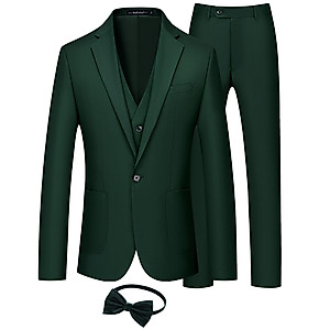 MAGE MALE Mens Tuxedo Suit Set Slim Fit 3 Piece Suit Wedding Prom Suits Patch Pockets Blazer Vest Pants Set with Bow Tie Dark Green