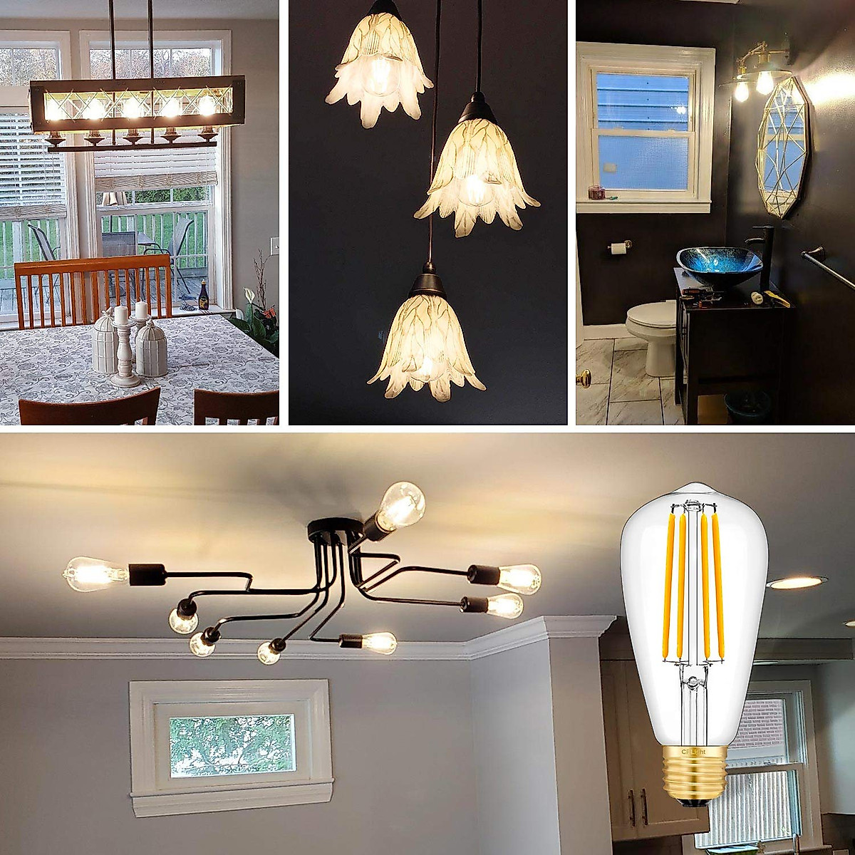 CRLight 8W Dimmable LED Edison Bulb 80W Equivalent 800LM, 3200K Soft White E26 Vintage Clear ST64 Lengthened Filament LED Bulbs, Smooth Dimming Version, 6 Pack