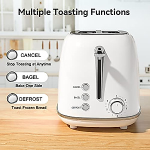 Toaster 2 Slice Stainless Steel Toaster Retro with 6 Bread Shade Settings, Bagel, Cancel, Defrost Function, 2 Slice Toaster with Extra Wide Slot, Removable Crumb Tray, White