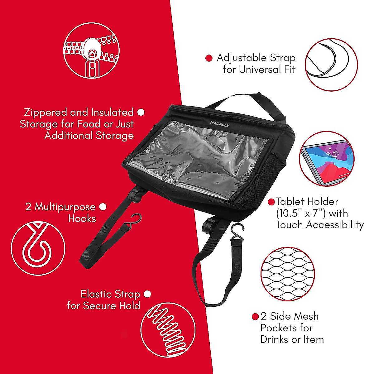 Macally Tablet Holder for Car Back Seat - A Must Have Organizer and Rear Facing Backseat iPad Holder for Kids on Long Drives - Hanger Case Compatible with Any Vehicle Headrest and Tablets up to 10.5”