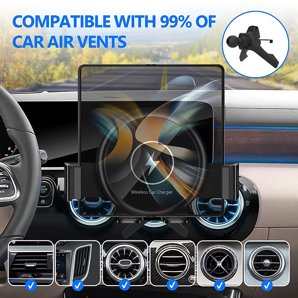 TOPENKE 20W Three Coils Wireless Car Charger with Cooling Fan, for Z Fold 5 Car Mount, Fast Charging Auto-Clamping for Air Vent & Dashboard, Compatible for Galaxy Z Fold 5/S23 Ultra, iPhone 14 Pro Max