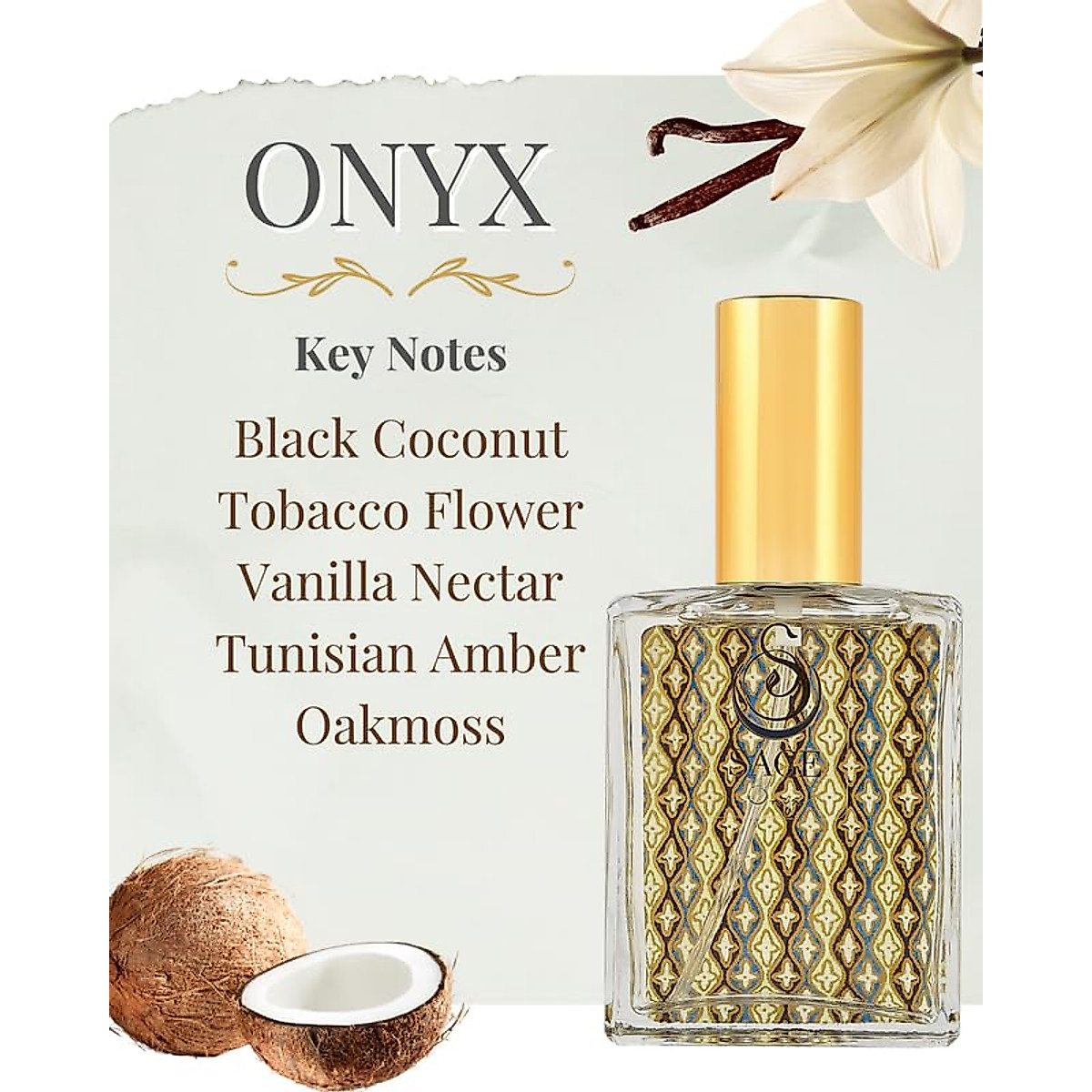 Onyx Organic Perfume Spray by Sage- 2 oz, Vegan & Cruelty-Free, Earthy Scent, Black Coconut, Vanilla, Oakmoss