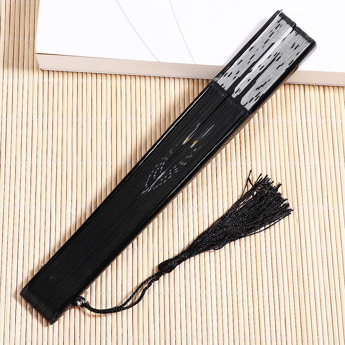 OULII Women Cartoon Cat Folding Silk Fan Handheld Fan (Black)