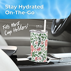 Floral Print Vacuum Insulated Stainless Steel Skinny Tumbler with Straw - Coffee Mug with Lid - Tea Cup for Travel- Nature Themed, Plant Lovers - Travel Mug, Birthday Gift - Floral Mugs for Women