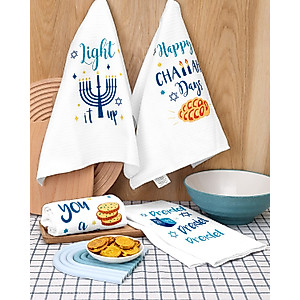 Vansolinne Hanukkah Kitchen Towels Chanukah Dish Towels Decorative Waffle Tea Towels Set of 4 - Fun Hostess Kitchen Decor Hanukkah Decorations, Housewarming Presents