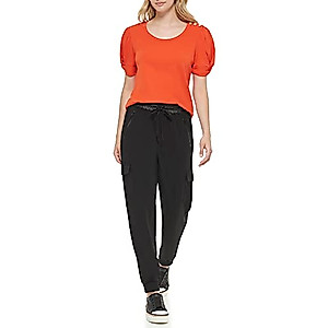 KARL LAGERFELD PARIS Women's Short Button Detail Puff Sleeve Top, Spicy Orange, Small