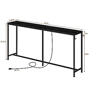 Black Console Table with Outlet Narrow Long Entryway Table Skinny Couch Table Behind Sofa Table with Charging Station and Hooks Modern Hallway Table for Living Room Foyer Corridor
