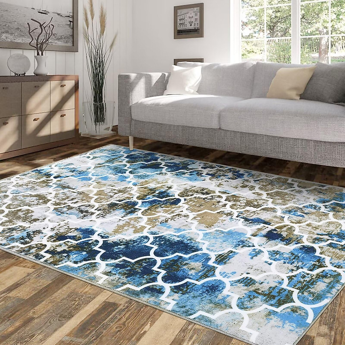 IMINROME Large Area Rug 8x10 Modern Geometric Area Rug Contemporary Abstract Indoor Rug Non-Slip Distressed Throw Rug Non Shedding Floor Carpet for Bedroom Nursery Kids Room, Multi Blue